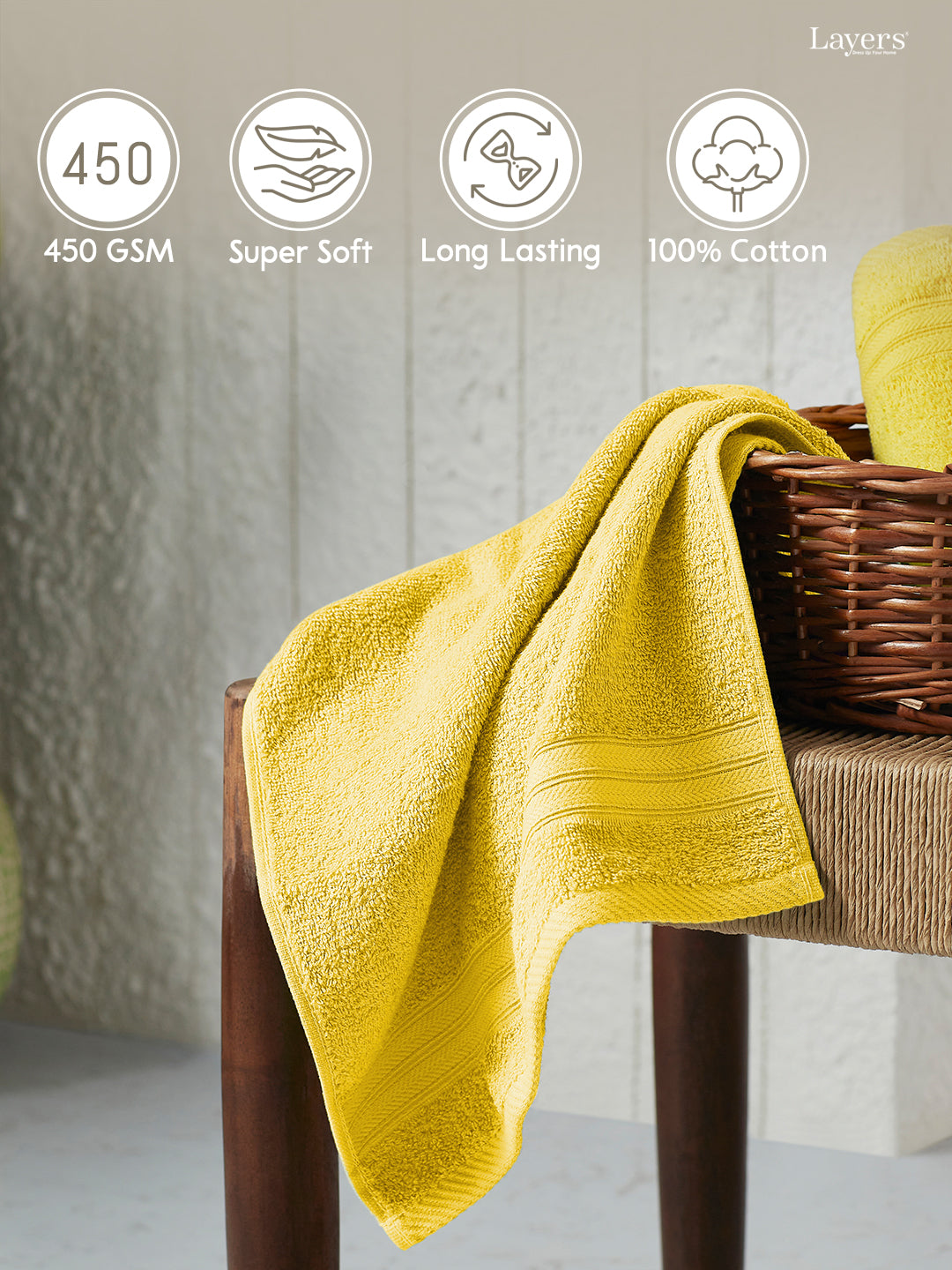 Home Easy 100% Cotton 450 GSM Yellow Hand Towels - Set of 2 (60 L cm x